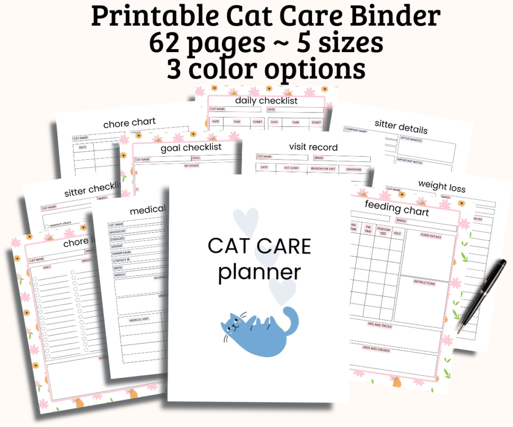 Cute cat care planner printable + digital binder - Jess Caticles